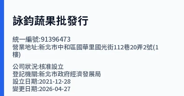 詠鈞蔬果批發行的照片-統編 91396473(新北市) 公司登記資料與營業項目詳細圖表