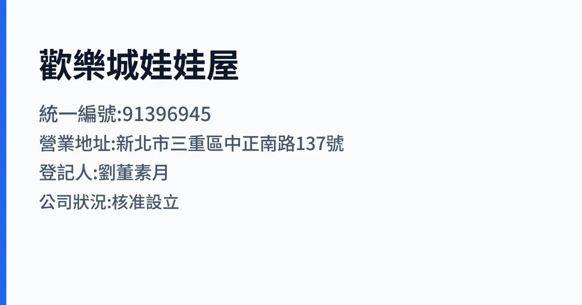 歡樂城娃娃屋 - 統編 91396945(新北市) 公司登記資料與營業項目詳細圖表