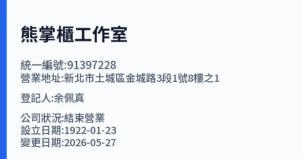 熊掌櫃工作室的照片-統編 91397228(新北市) 公司登記資料與營業項目詳細圖表