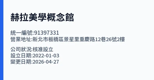 赫拉美學概念館的照片-統編 91397331(新北市) 公司登記資料與營業項目詳細圖表