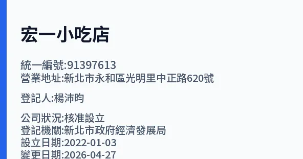 宏一小吃店的照片-統編 91397613(新北市) 公司登記資料與營業項目詳細圖表