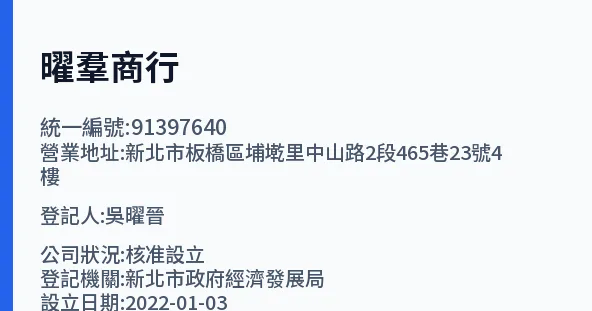 曜羣商行的照片-統編 91397640(新北市) 公司登記資料與營業項目詳細圖表