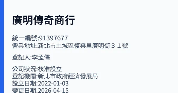 廣明傳奇商行的照片-統編 91397677(新北市) 公司登記資料與營業項目詳細圖表