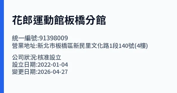 花郎運動館板橋分館的照片-統編 91398009(新北市) 公司登記資料與營業項目詳細圖表