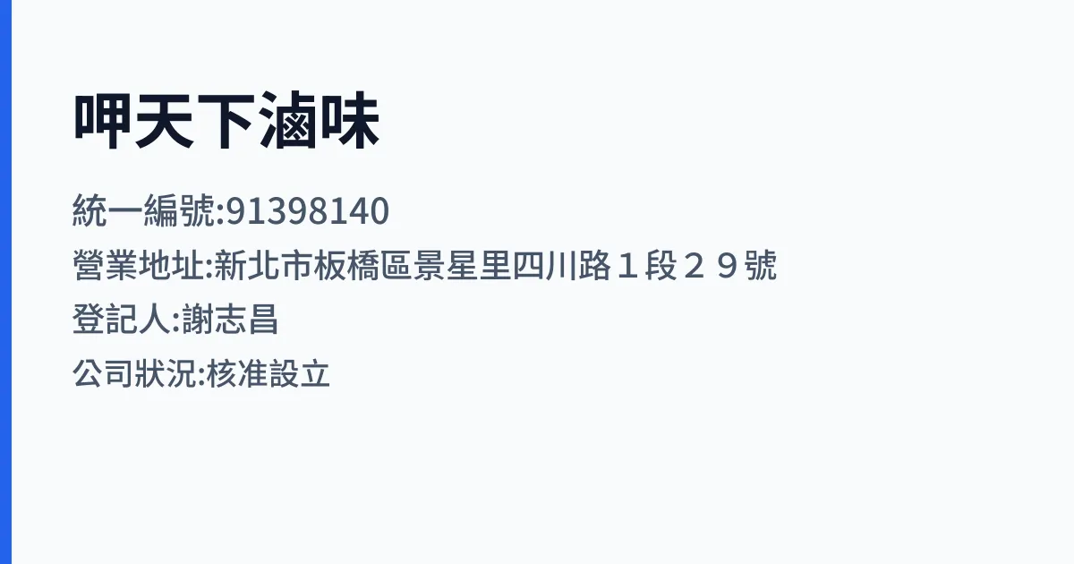 呷天下滷味 - 統編 91398140(新北市) 公司登記資料與營業項目詳細圖表