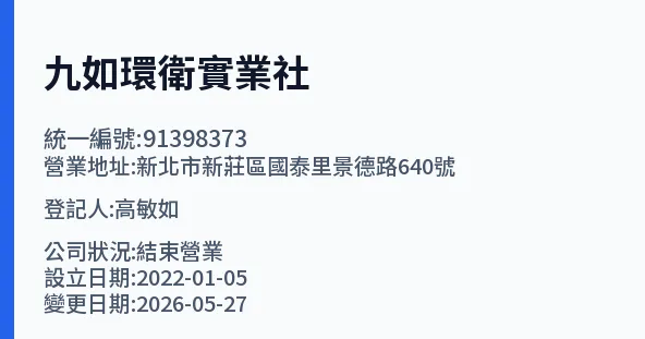 九如環衛實業社的照片-統編 91398373(新北市) 公司登記資料與營業項目詳細圖表