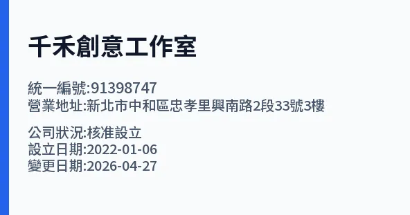 千禾創意工作室的照片-統編 91398747(新北市) 公司登記資料與營業項目詳細圖表