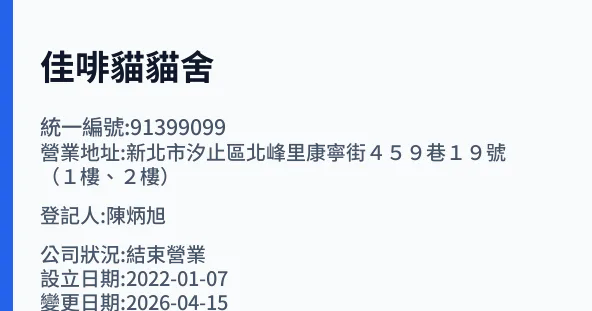 佳啡貓貓舍的照片-統編 91399099(新北市) 公司登記資料與營業項目詳細圖表