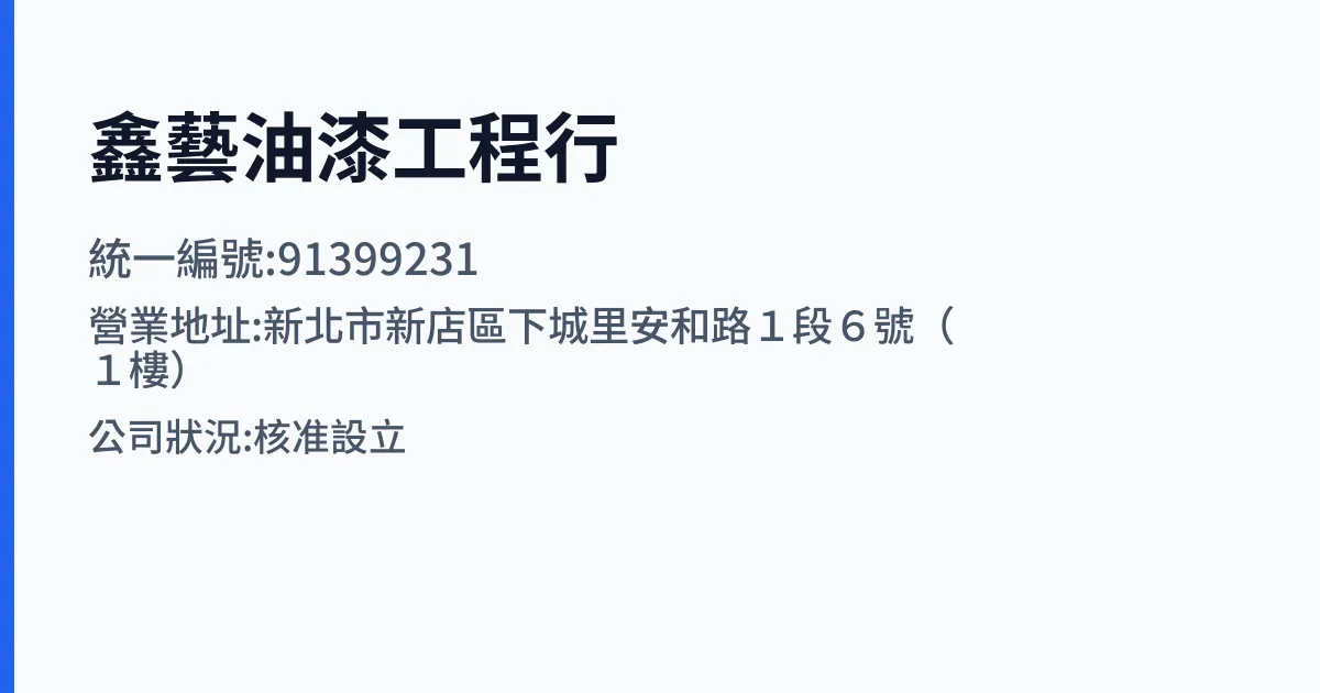鑫藝油漆工程行 - 統編 91399231(新北市) 公司登記資料與營業項目詳細圖表