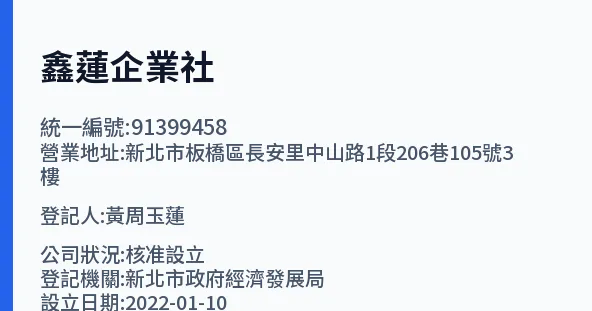 鑫蓮企業社的照片-統編 91399458(新北市) 公司登記資料與營業項目詳細圖表