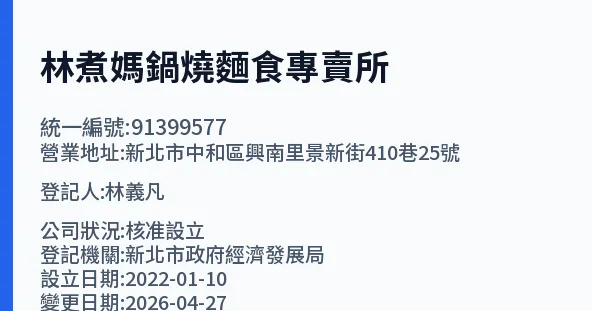 林煮媽鍋燒麵食專賣所的照片-統編 91399577(新北市) 公司登記資料與營業項目詳細圖表