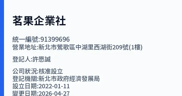 茗果企業社的照片-統編 91399696(新北市) 公司登記資料與營業項目詳細圖表