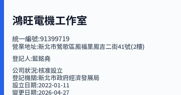 鴻旺電機工作室的照片-統編 91399719(新北市) 公司登記資料與營業項目詳細圖表