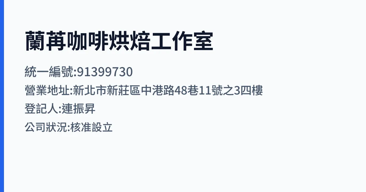 蘭苒咖啡烘焙工作室 - 統編 91399730(新北市) 公司登記資料與營業項目詳細圖表