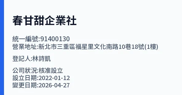 春甘甜企業社的照片-統編 91400130(新北市) 公司登記資料與營業項目詳細圖表