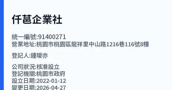仟䓃企業社的照片-統編 91400271(桃園市) 公司登記資料與營業項目詳細圖表