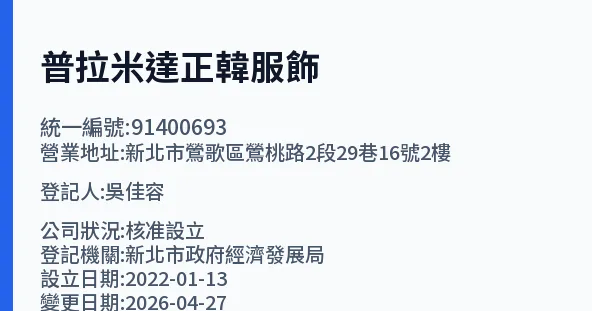 普拉米達正韓服飾的照片-統編 91400693(新北市) 公司登記資料與營業項目詳細圖表