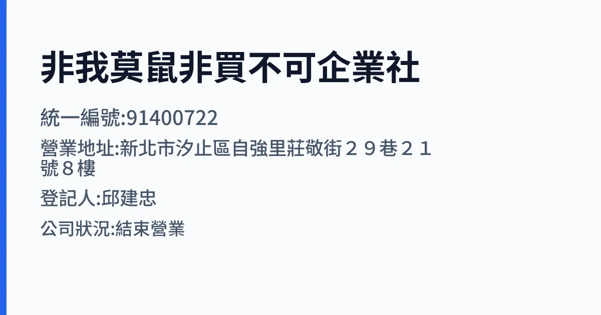 非我莫鼠非買不可企業社 - 統編 91400722(新北市) 公司登記資料與營業項目詳細圖表
