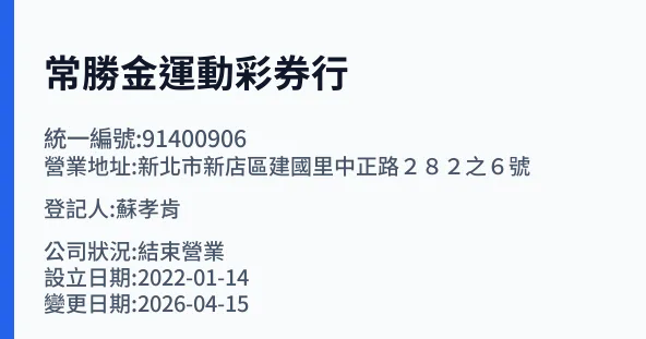 常勝金運動彩券行的照片-統編 91400906(新北市) 公司登記資料與營業項目詳細圖表