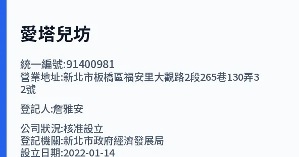 愛塔兒坊的照片-統編 91400981(新北市) 公司登記資料與營業項目詳細圖表