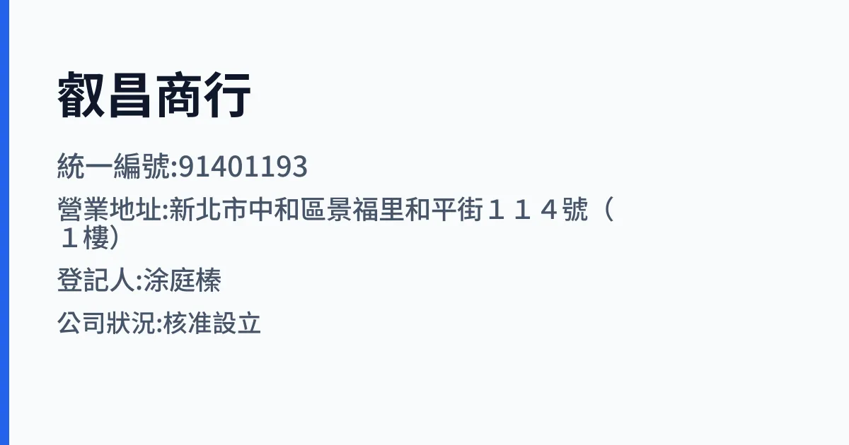 叡昌商行 - 統編 91401193(新北市) 公司登記資料與營業項目詳細圖表