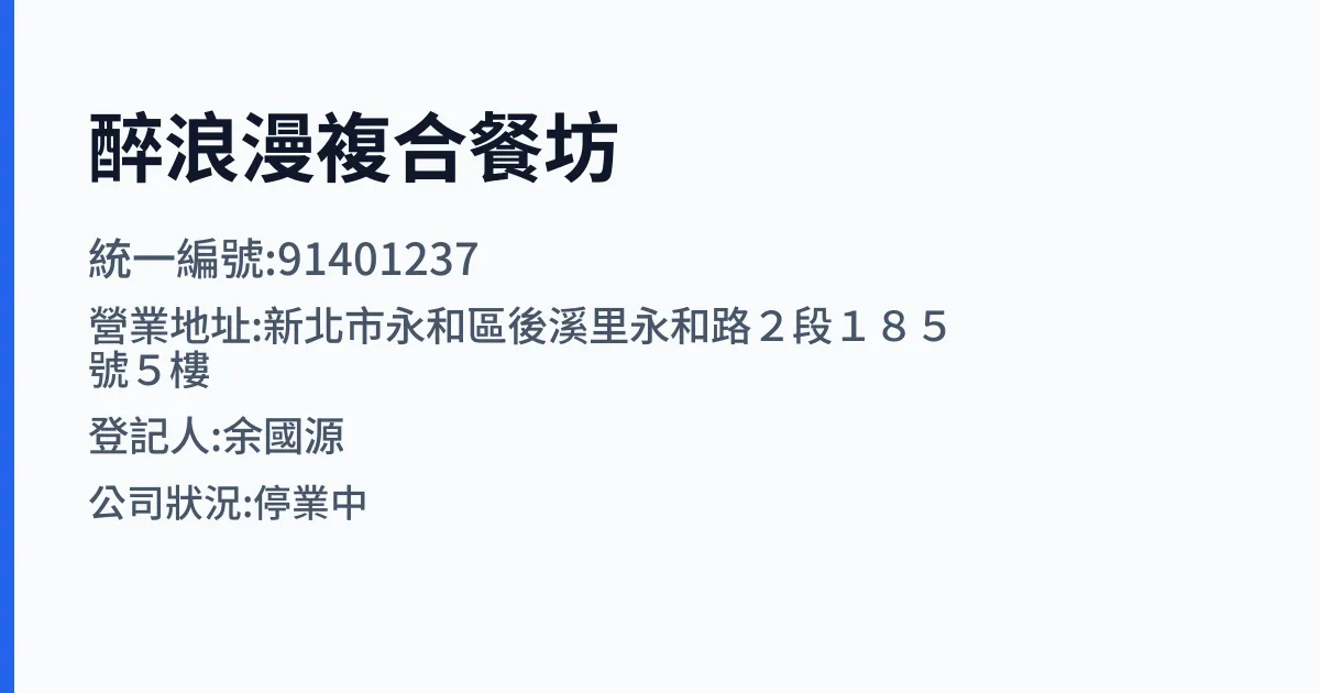 醉浪漫複合餐坊 - 統編 91401237(新北市) 公司登記資料與營業項目詳細圖表