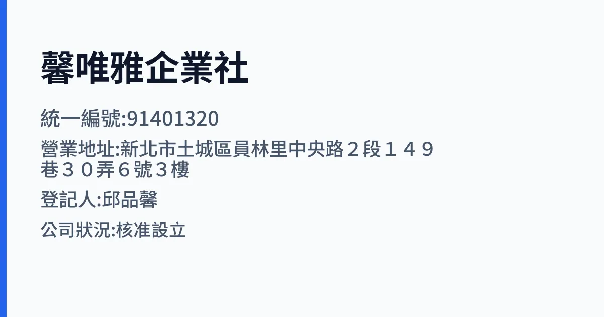 馨唯雅企業社 - 統編 91401320(新北市) 公司登記資料與營業項目詳細圖表