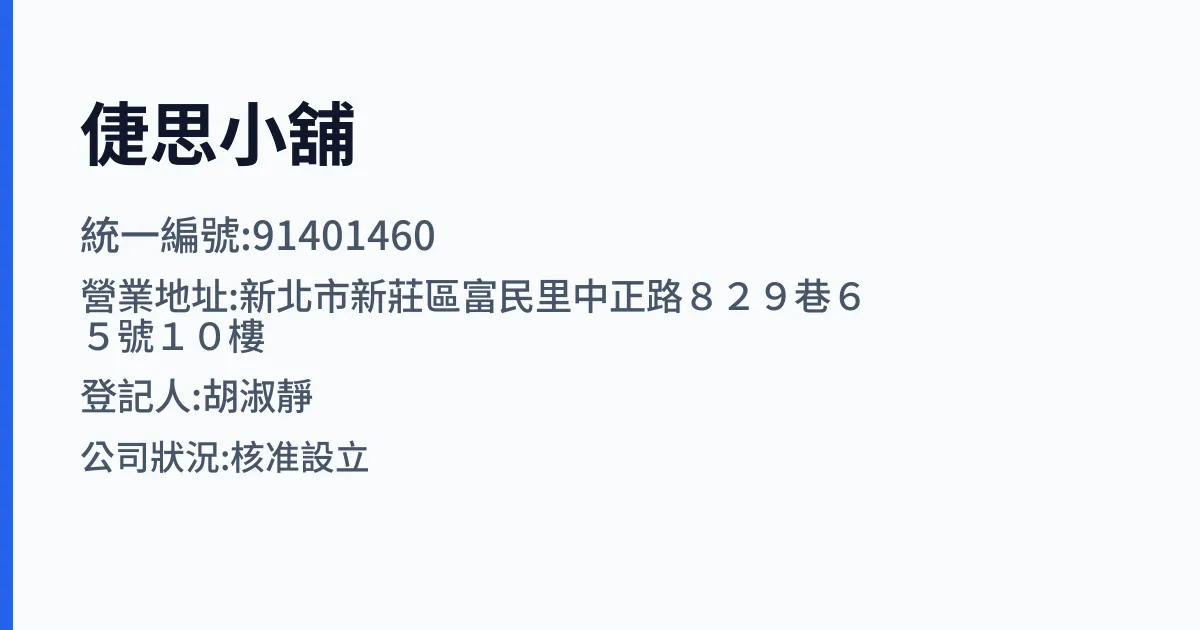 倢思小舖 - 統編 91401460(新北市) 公司登記資料與營業項目詳細圖表