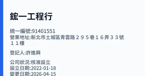 鋐一工程行的照片-統編 91401551(新北市) 公司登記資料與營業項目詳細圖表