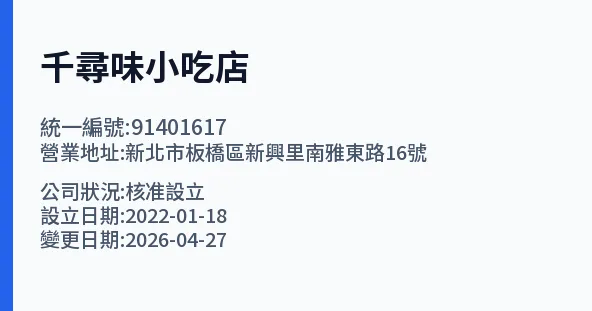 千尋味小吃店的照片-統編 91401617(新北市) 公司登記資料與營業項目詳細圖表