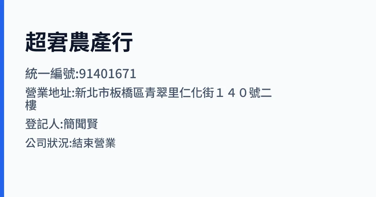 超宭農產行 - 統編 91401671(新北市) 公司登記資料與營業項目詳細圖表