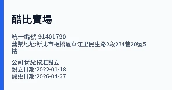 酷比賣場的照片-統編 91401790(新北市) 公司登記資料與營業項目詳細圖表