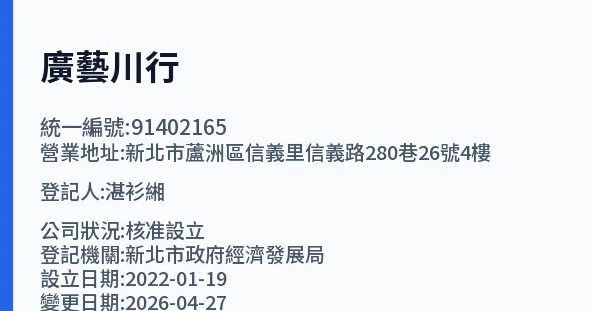 廣藝川行的照片-統編 91402165(新北市) 公司登記資料與營業項目詳細圖表