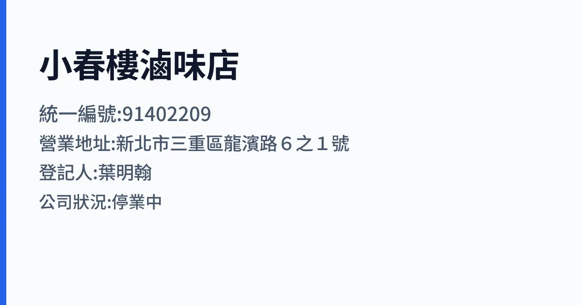 小春樓滷味店 - 統編 91402209(新北市) 公司登記資料與營業項目詳細圖表