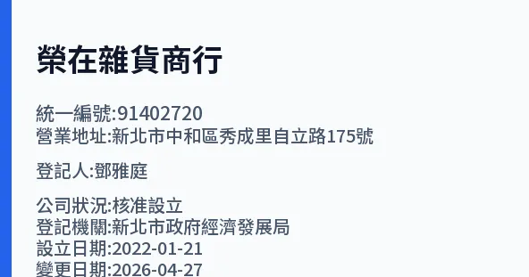 榮在雜貨商行的照片-統編 91402720(新北市) 公司登記資料與營業項目詳細圖表