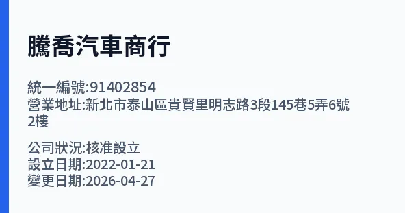 騰喬汽車商行的照片-統編 91402854(新北市) 公司登記資料與營業項目詳細圖表