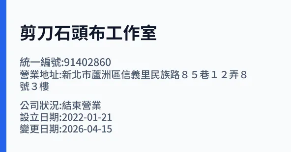剪刀石頭布工作室的照片-統編 91402860(新北市) 公司登記資料與營業項目詳細圖表
