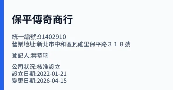 保平傳奇商行的照片-統編 91402910(新北市) 公司登記資料與營業項目詳細圖表