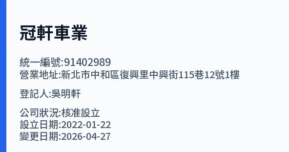 冠軒車業的照片-統編 91402989(新北市) 公司登記資料與營業項目詳細圖表