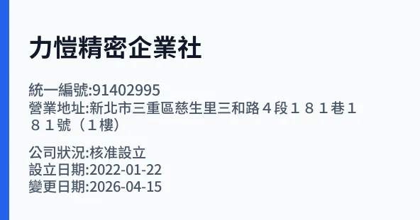 力愷精密企業社的照片-統編 91402995(新北市) 公司登記資料與營業項目詳細圖表