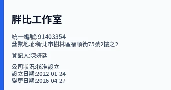胖比工作室的照片-統編 91403354(新北市) 公司登記資料與營業項目詳細圖表