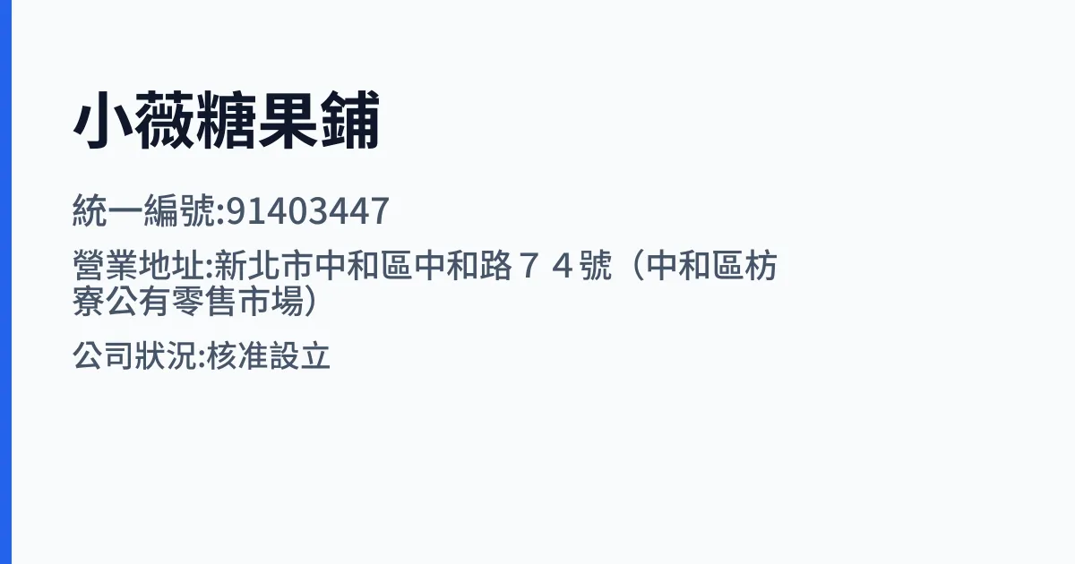 小薇糖果鋪 - 統編 91403447(新北市) 公司登記資料與營業項目詳細圖表
