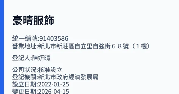 豪晴服飾的照片-統編 91403586(新北市) 公司登記資料與營業項目詳細圖表