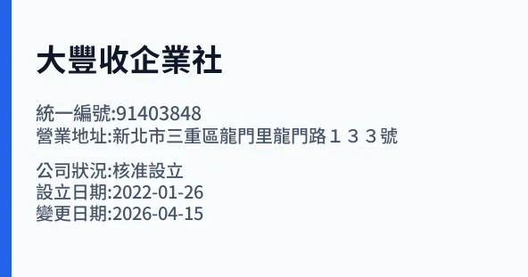 大豐收企業社的照片-統編 91403848(新北市) 公司登記資料與營業項目詳細圖表