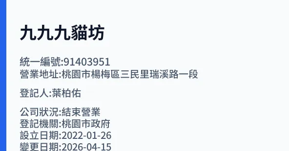 九九九貓坊的照片-統編 91403951(桃園市) 公司登記資料與營業項目詳細圖表