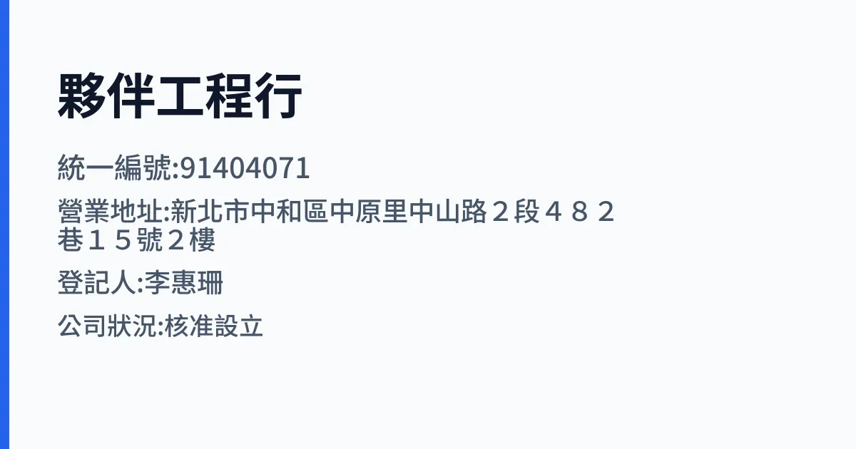夥伴工程行 - 統編 91404071(新北市) 公司登記資料與營業項目詳細圖表