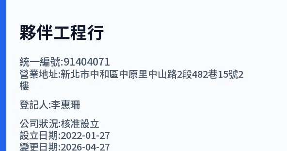 夥伴工程行的照片-統編 91404071(新北市) 公司登記資料與營業項目詳細圖表