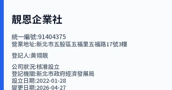 靚恩企業社的照片-統編 91404375(新北市) 公司登記資料與營業項目詳細圖表