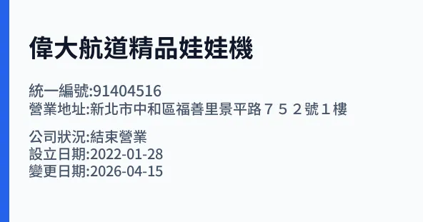 偉大航道精品娃娃機的照片-統編 91404516(新北市) 公司登記資料與營業項目詳細圖表