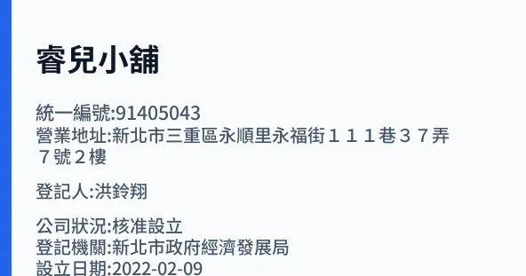 睿兒小舖的照片-統編 91405043(新北市) 公司登記資料與營業項目詳細圖表